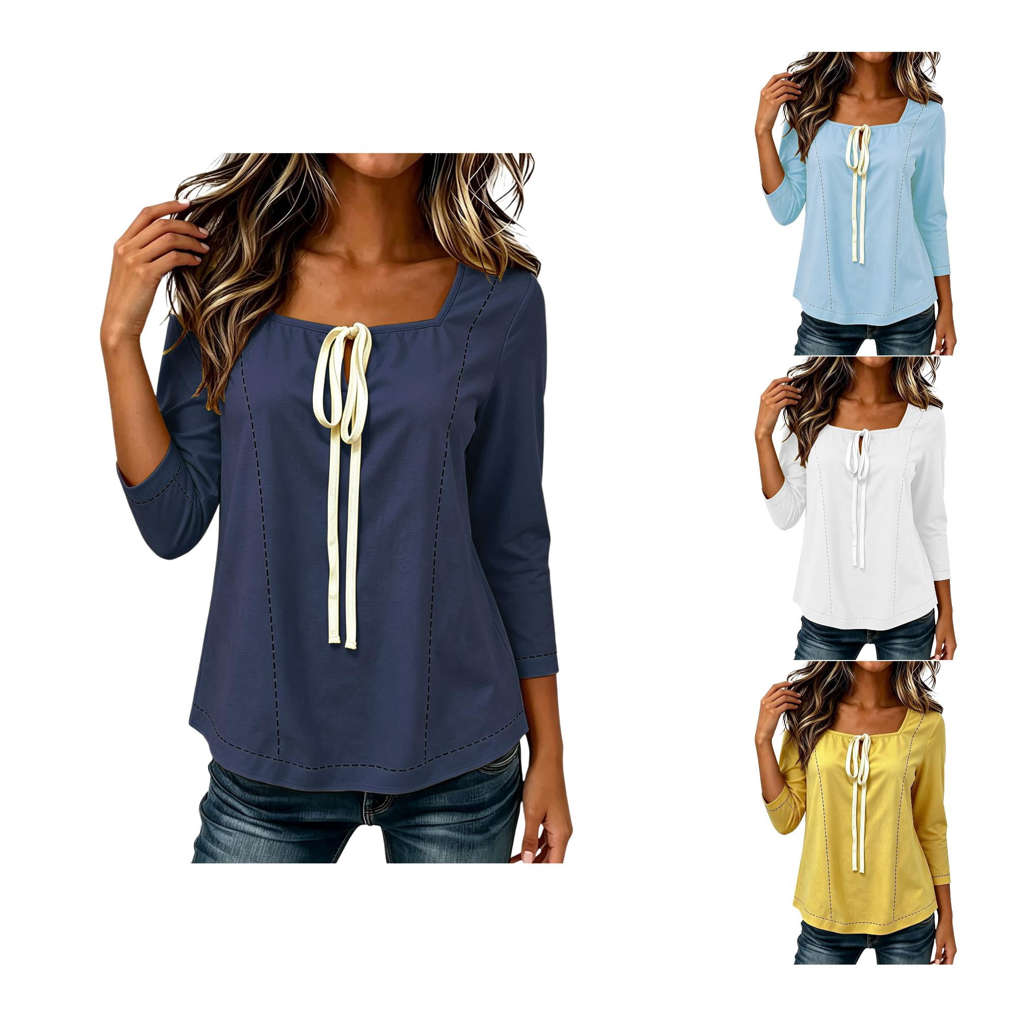 Casual Loose Fit Printed Tie Front Square Neck Blouse for Daily Casual ...