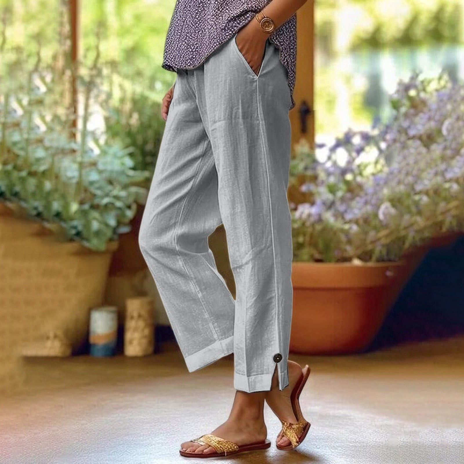Casual Loose Fit Straight Leg Pants with Elastic Waist and Pockets for ...