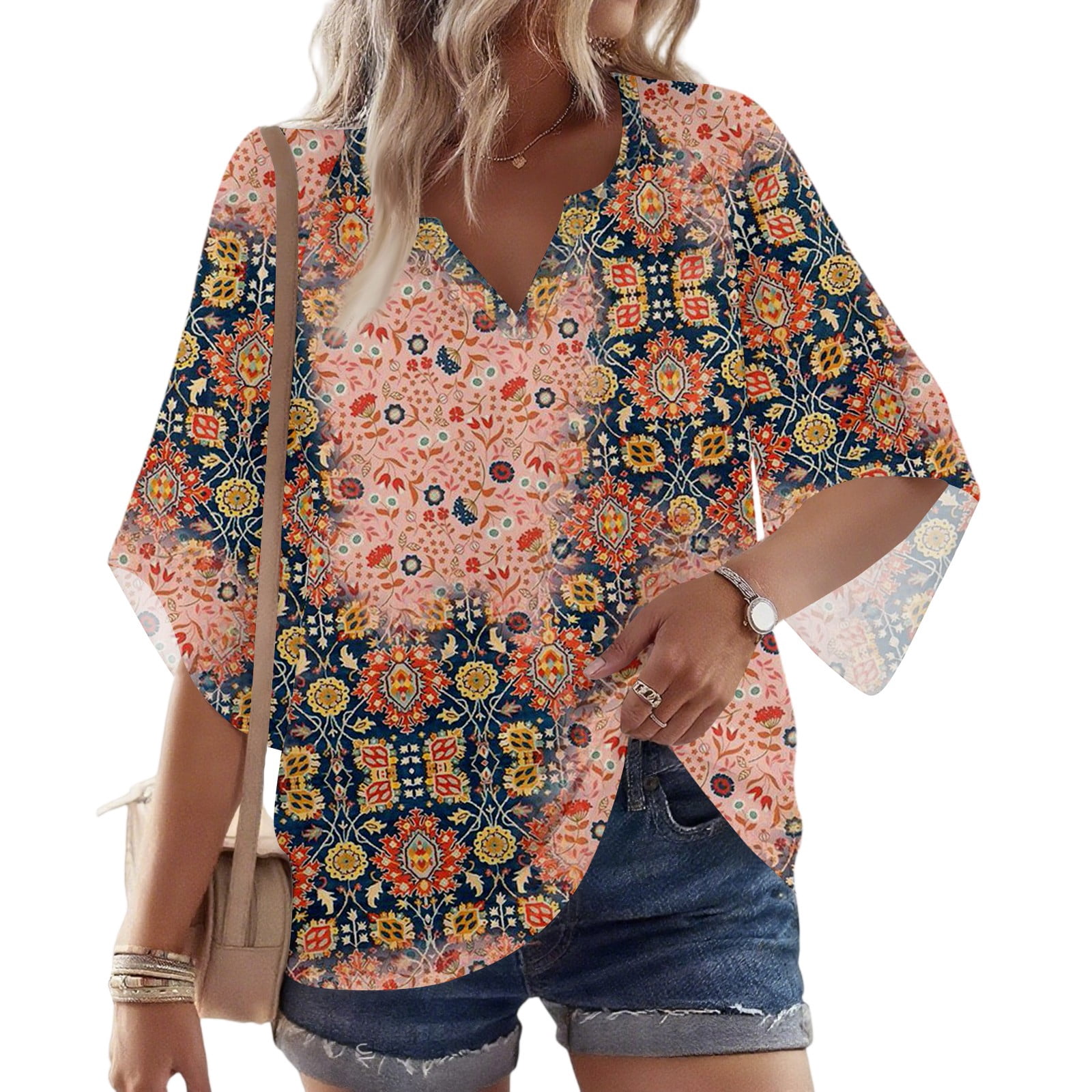 Casual Loose Fit V-Neck Blouse for Women, 3/4 Sleeve Floral Print ...