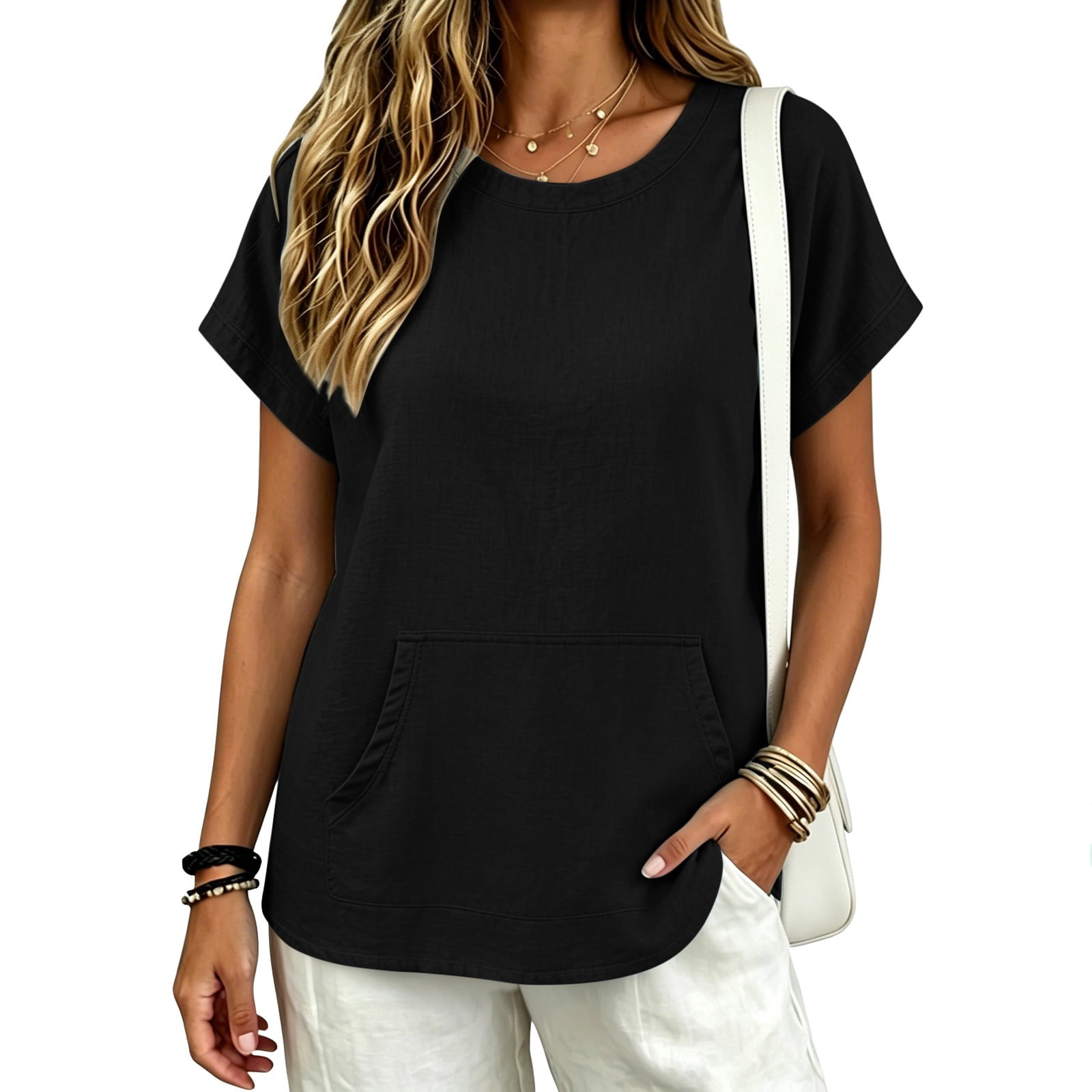 Casual Loose Fitting Basic Top With Pocketsfor Women Solid Color Cotton ...