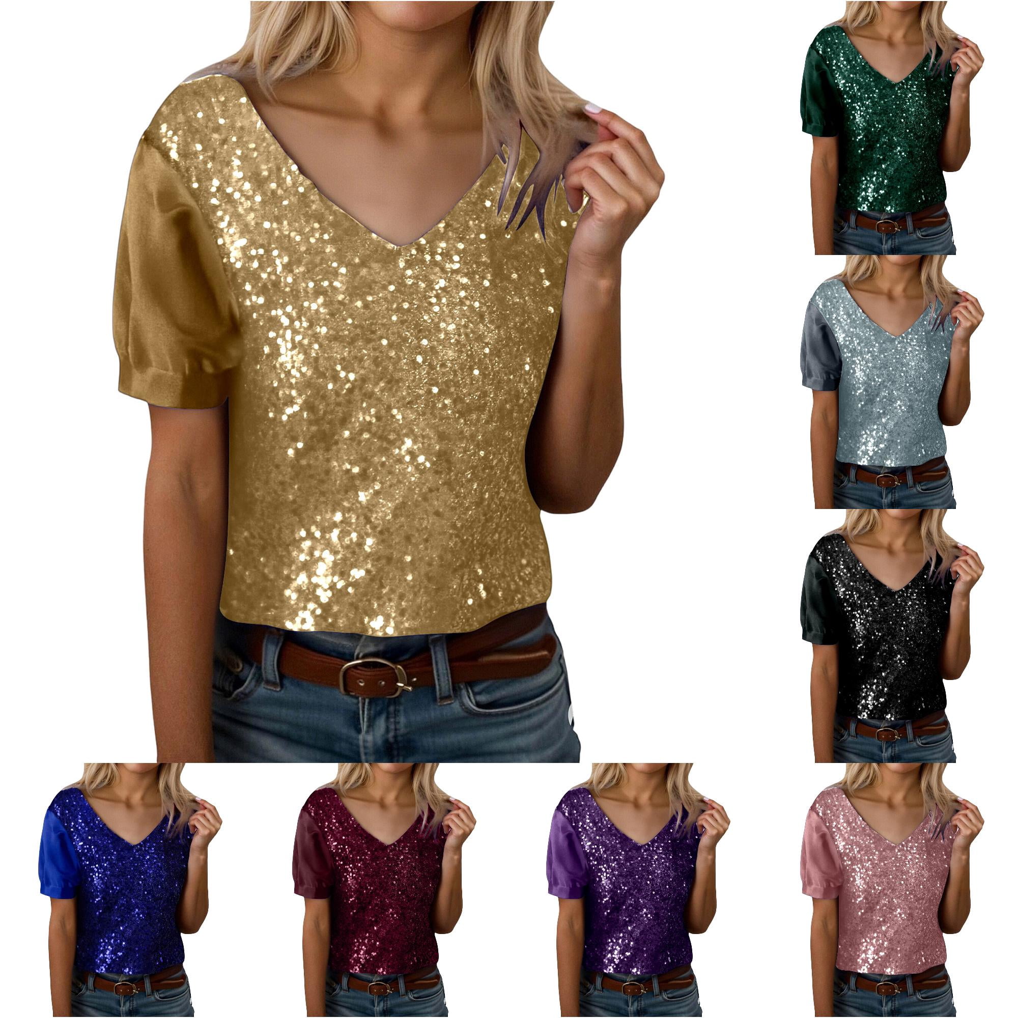 Casual Loose Neck Short Sleeve T Shirt with Sparkling Sequin Design for ...