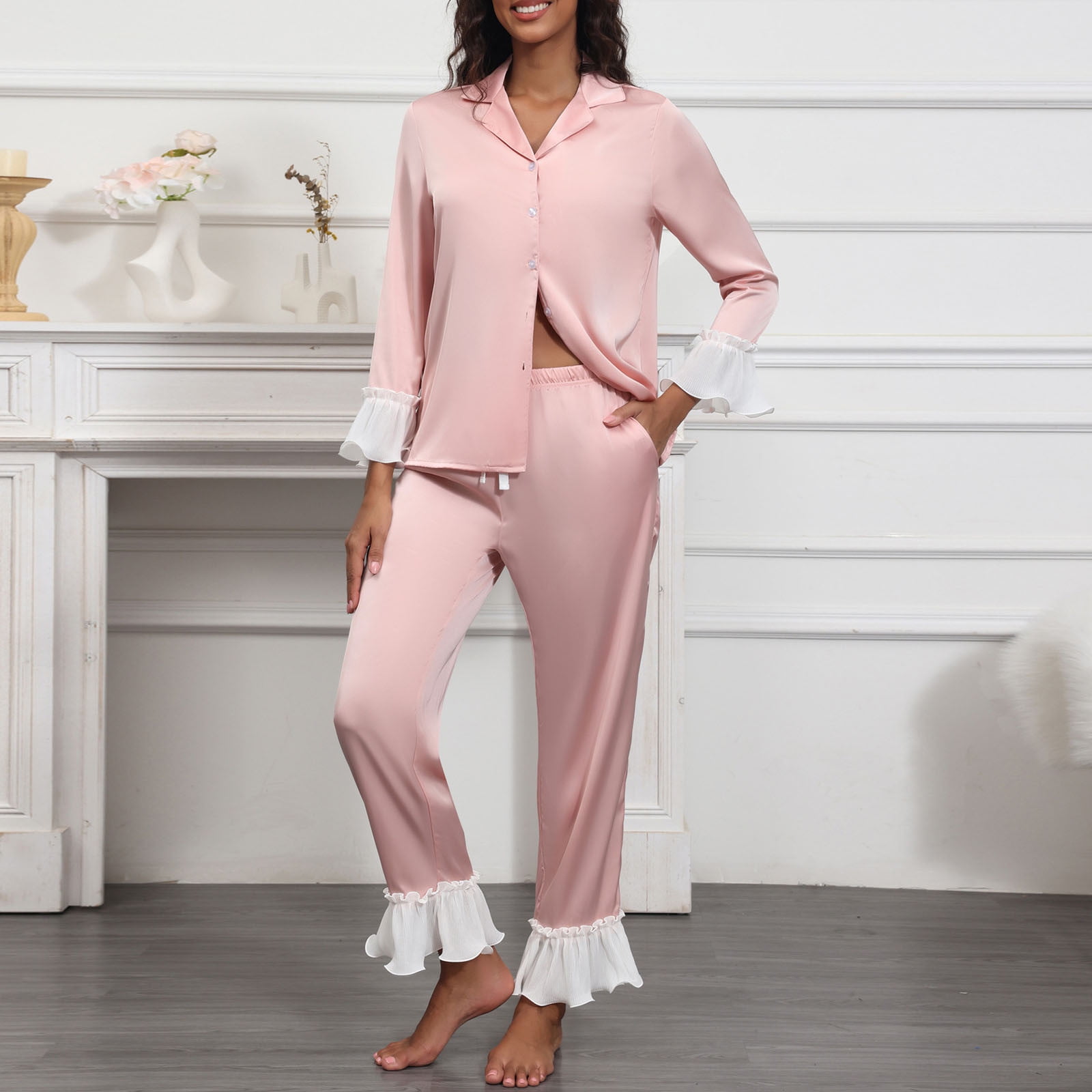 Casual Loose Pajama Set for Women 2 Piece Long Sleeve Button down ...