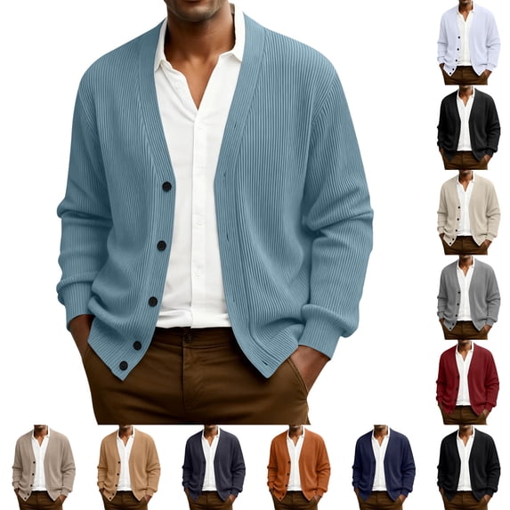 Casual Men's V-Neck Cardigan, Button Closure Relaxed Fit Knitwear for ...