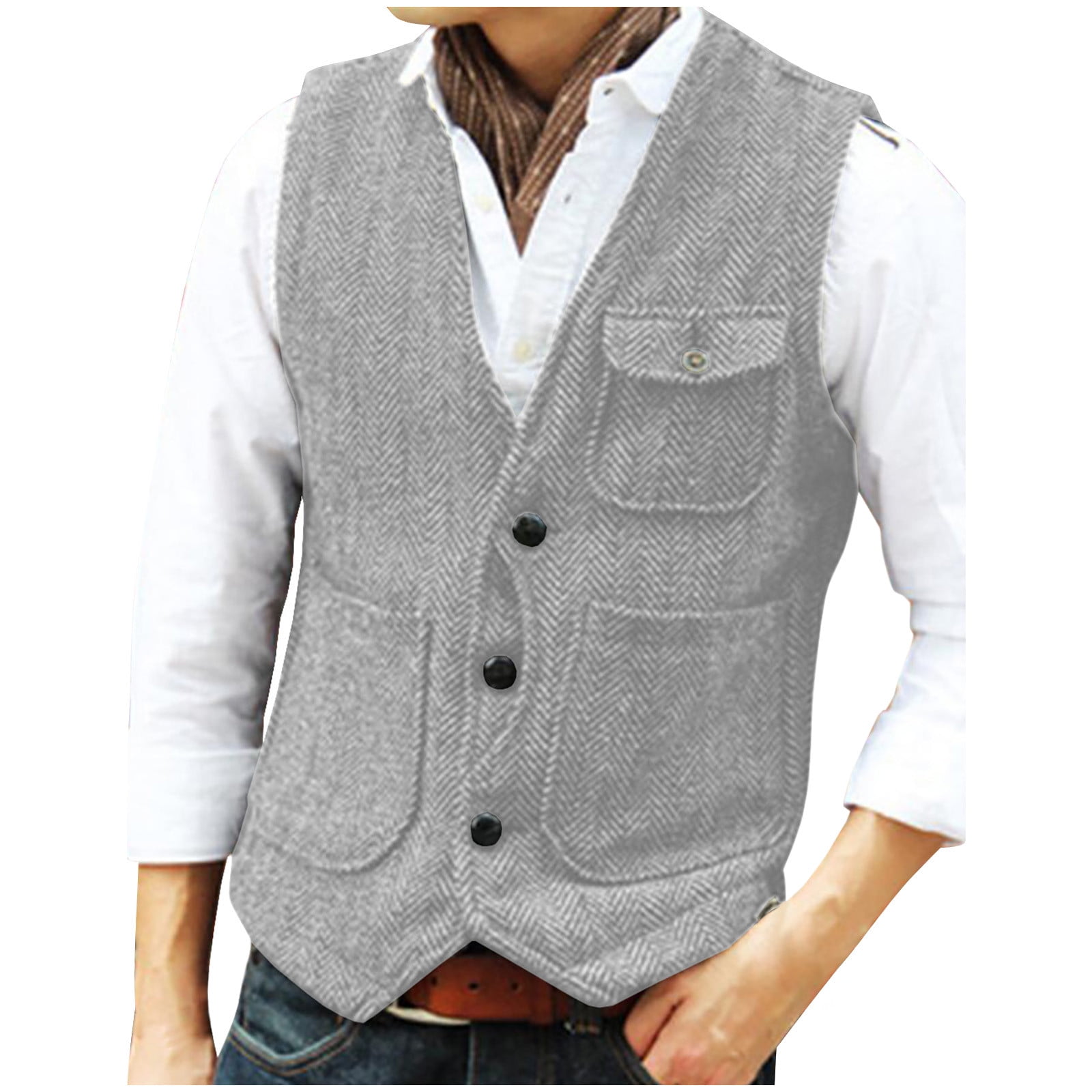 Casual Men's Vests Herringbone Tweed Vest V-Neck Waistcoat For Men ...