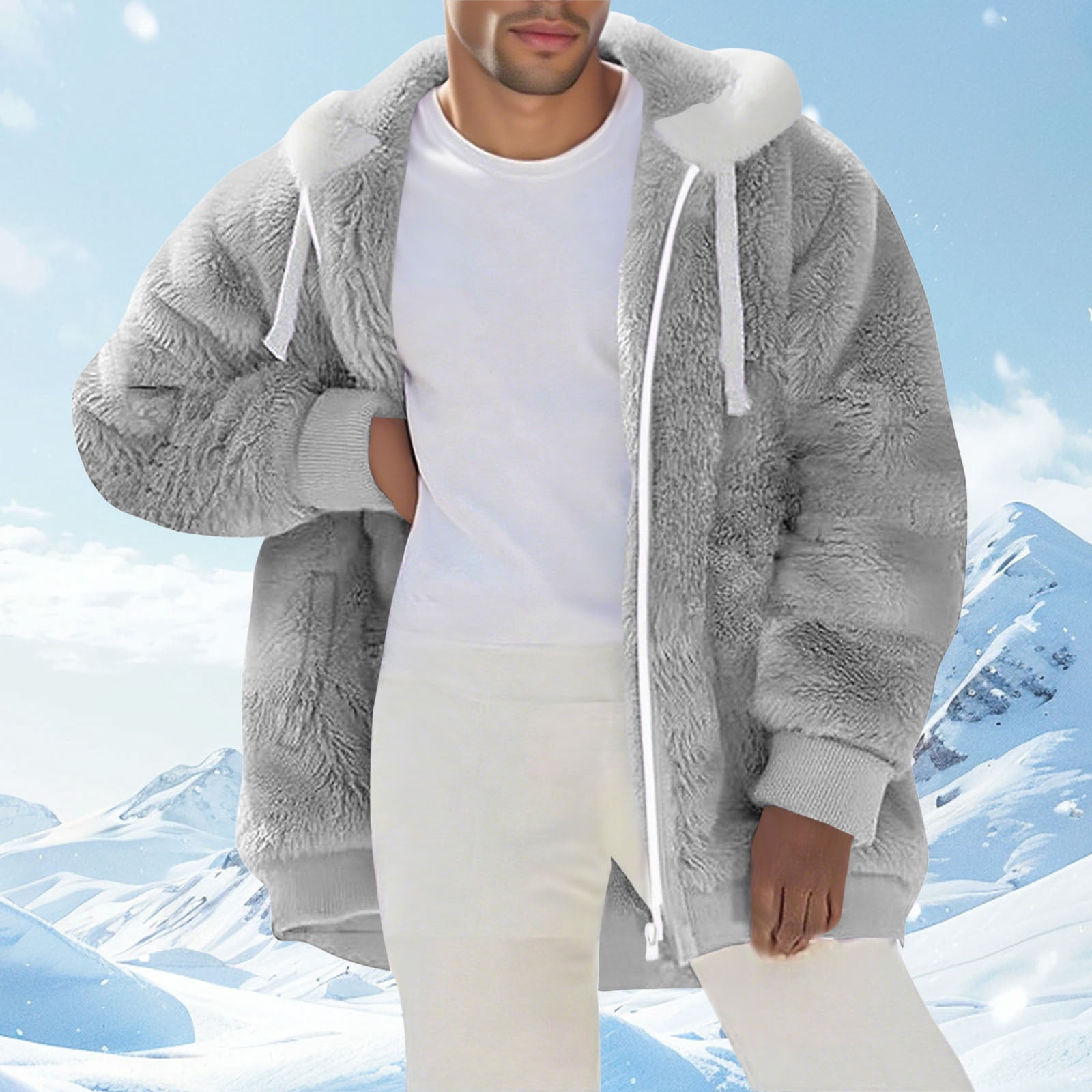 Casual Men's and Big Men's Jacket Fleece Hooded Gray Jacket Zip Up ...
