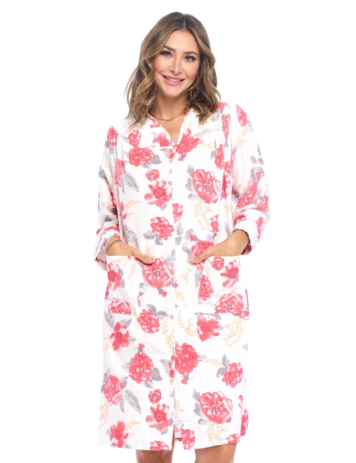 Casual Nights Women's Floral Flannel Duster Long Sleeve Lounger Dress ...