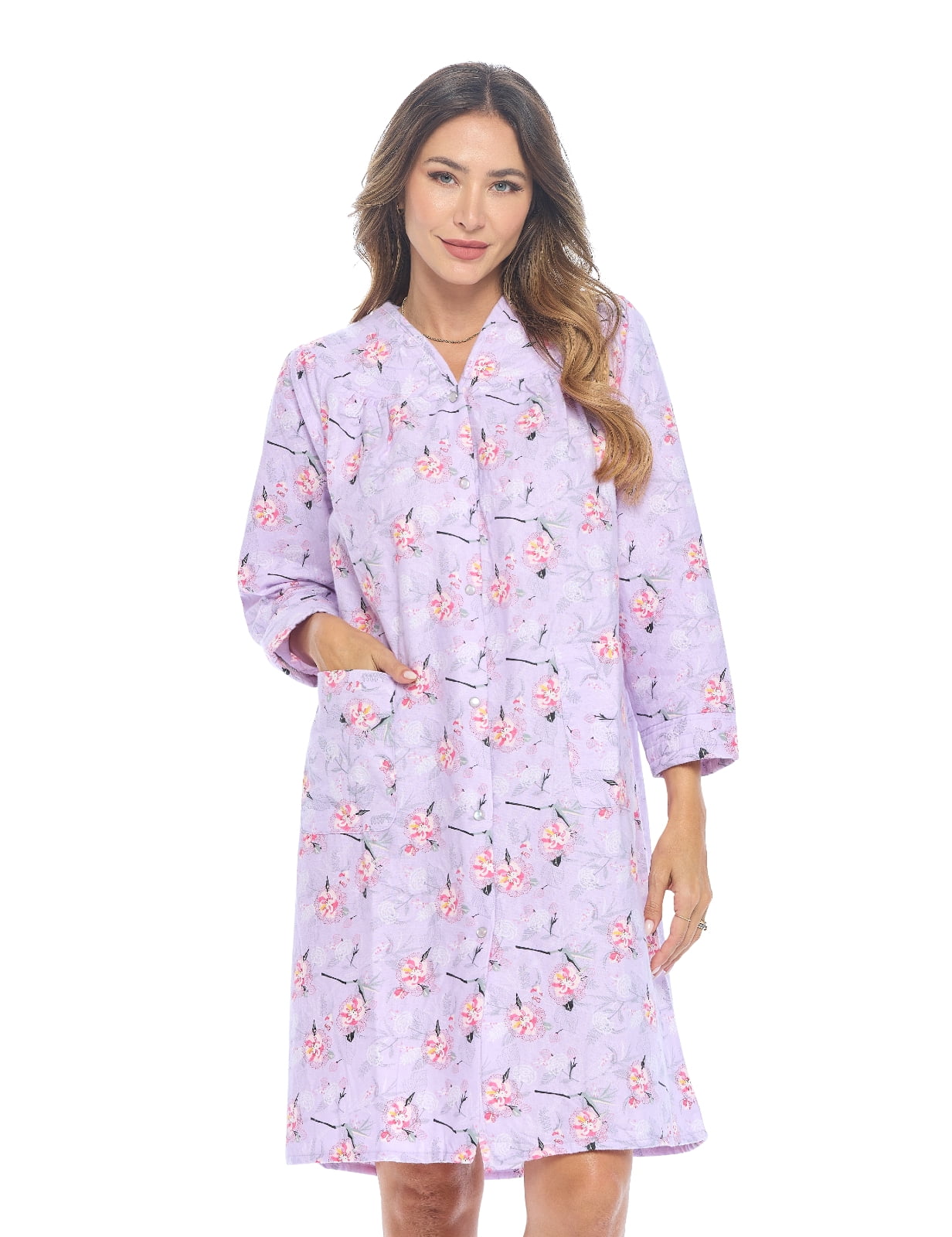 Casual Nights Women's Cotton Housecoat, Floral Snap Front, Flannel Long ...
