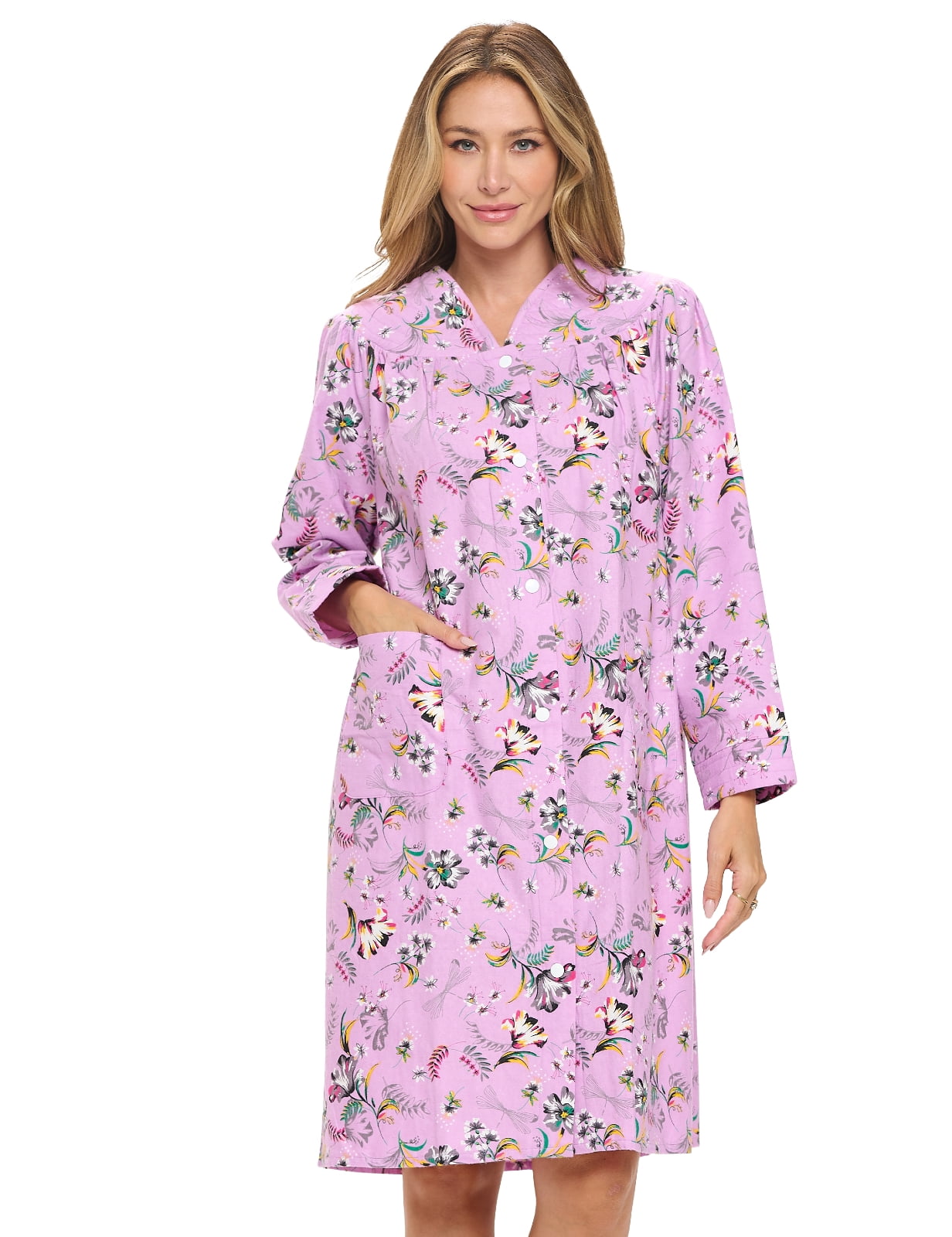 Casual Nights Women's Floral Snap Front Flannel Duster Long Sleeve ...