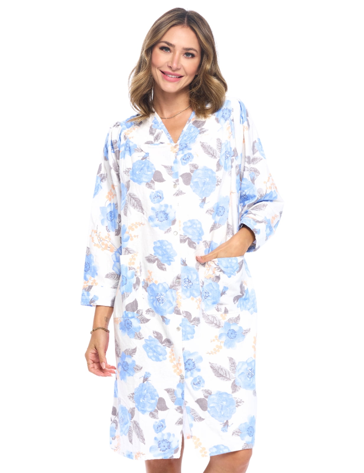 Casual Nights Women's Floral Snap Front Flannel Duster Long Sleeve ...