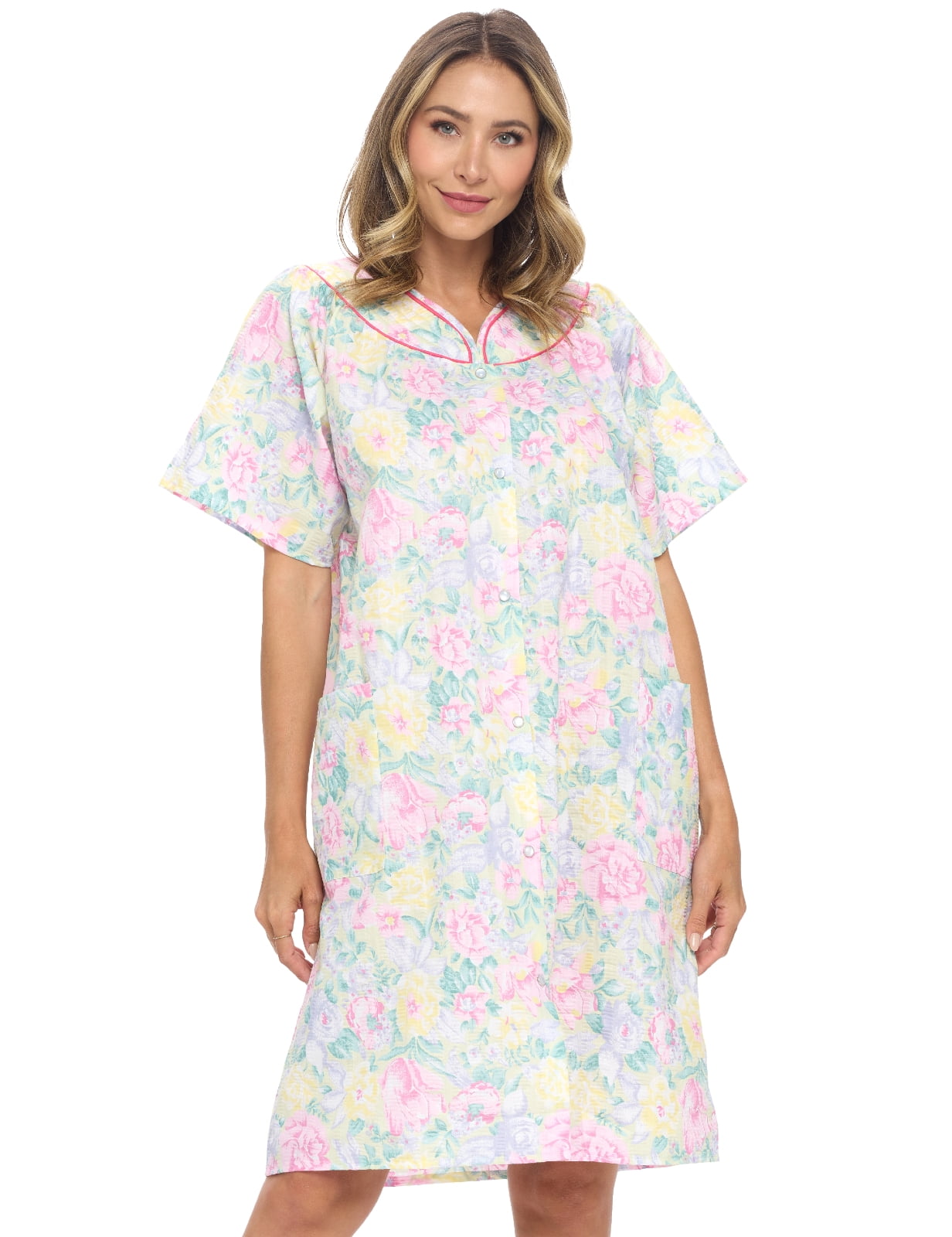 Casual Nights Women's Floral Woven Snap-Front Lounger House Dress ...
