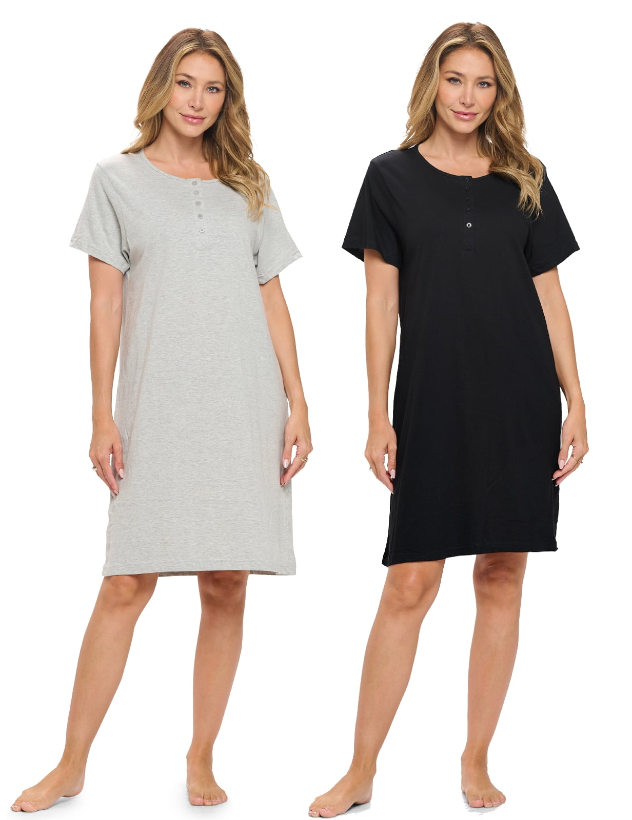 Casual Nights Women's Henley Nightshirts Set of 2, Floral Short Sleeve ...