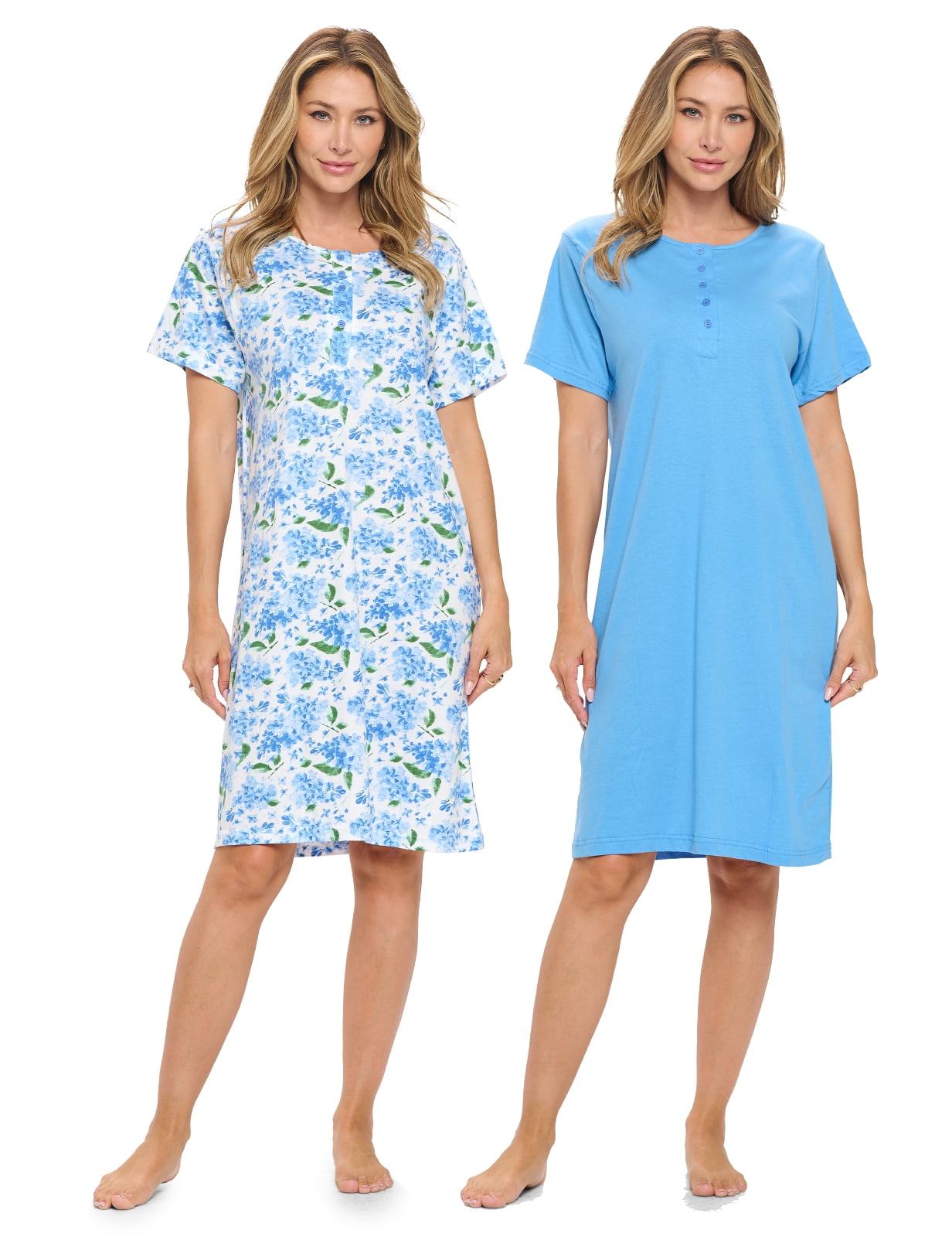 Casual Nights Women's Henley Nightshirts Set of 2, Floral Short Sleeve ...