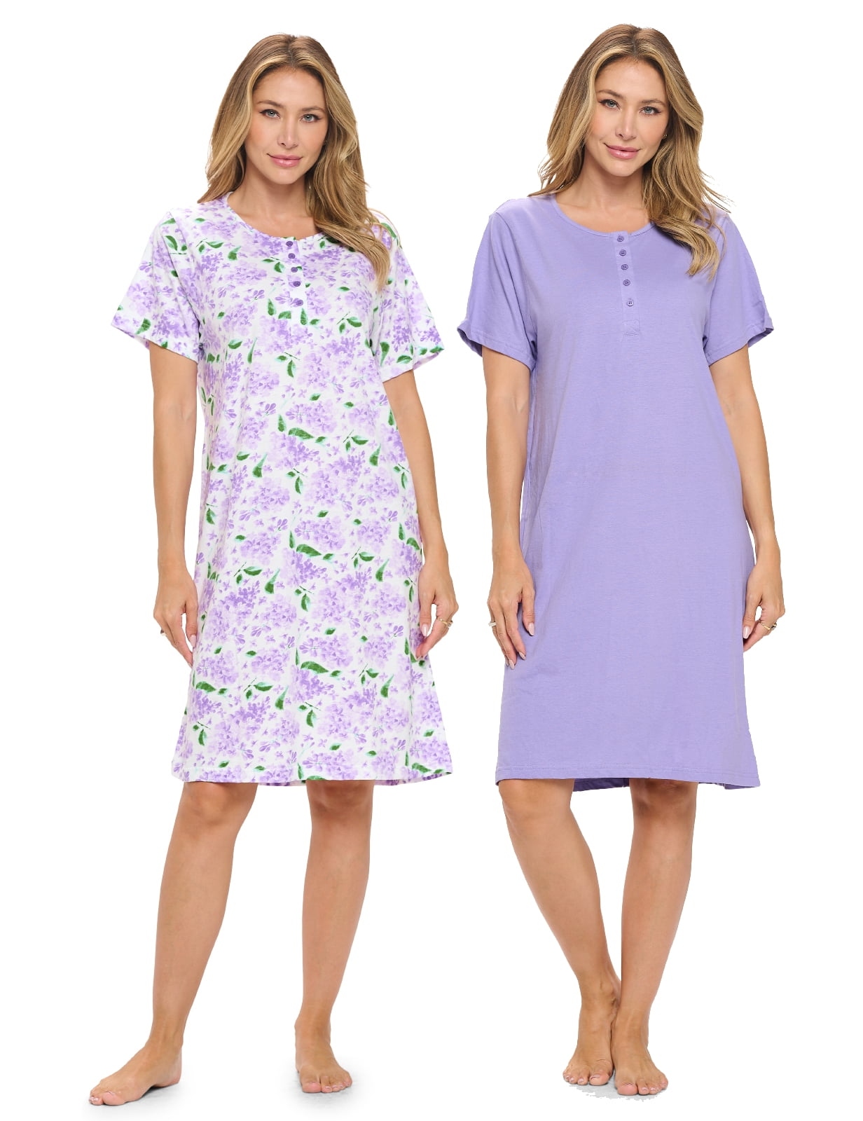 Casual Nights Women's Henley Nightshirts Set of 2, Floral Short Sleeve ...