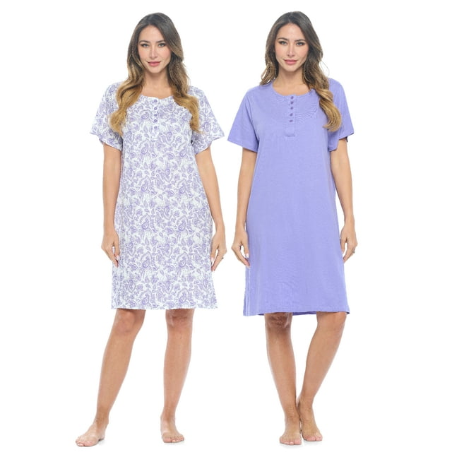 Casual Nights Women's Henley Nightshirts Set of 2, Floral Short Sleeve ...
