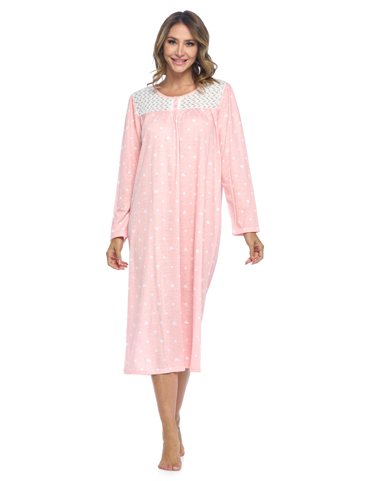Casual Nights Women's Long Cotton Knitted & Lace Henley Nightgown ...