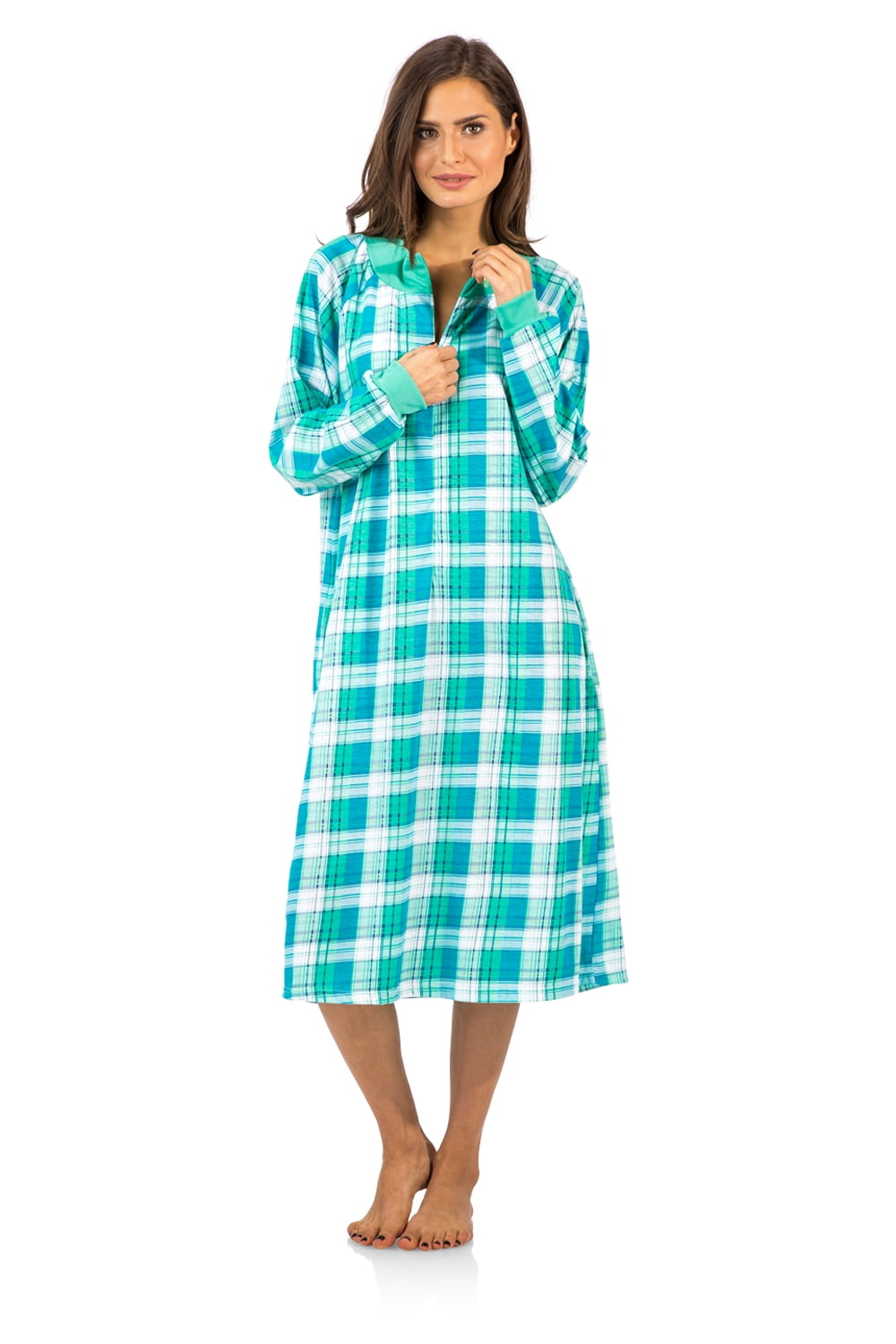 Casual Nights Women's Plaid Long Sleeve Zip Up Long Nightgown - Walmart.com