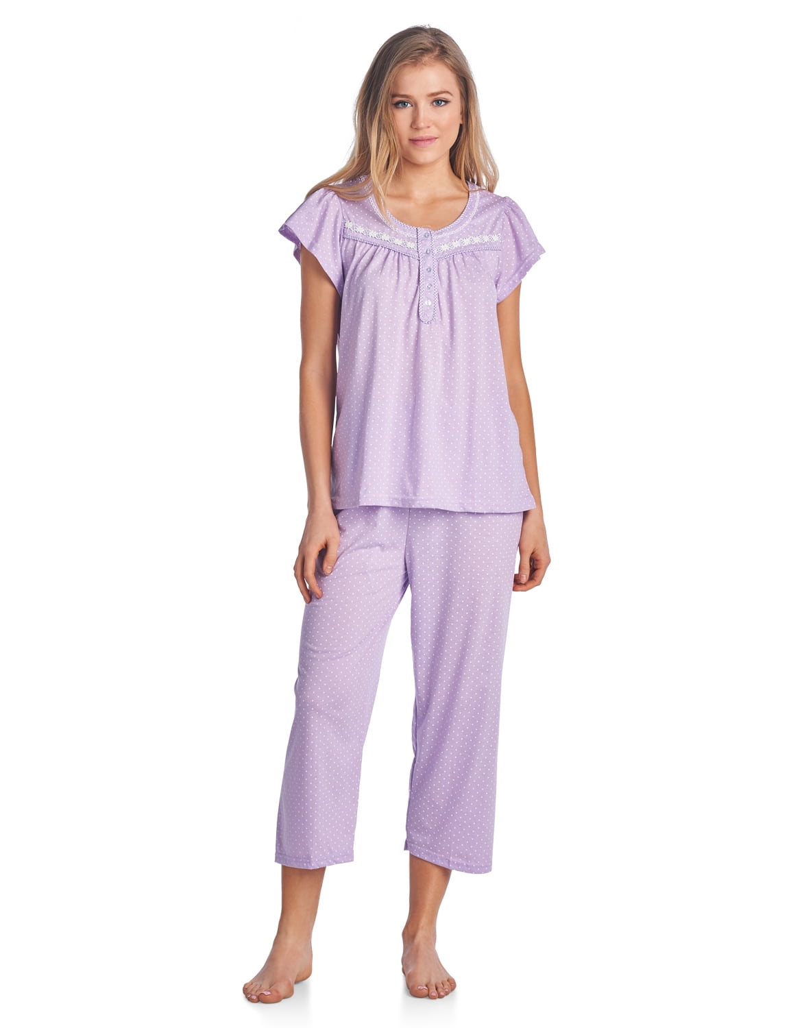 Casual Nights Women's Embroidered Floral Capri Pajama Set, Cotton Blend ...