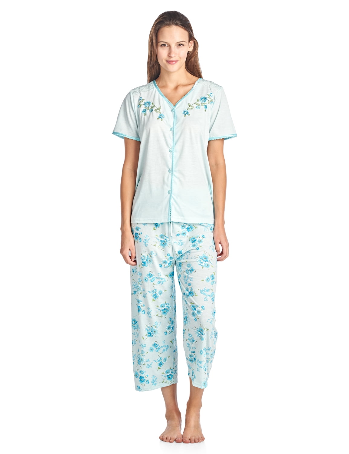 Casual Nights Women's Short Sleeve Floral Satin Lace Capri Pajama Set ...