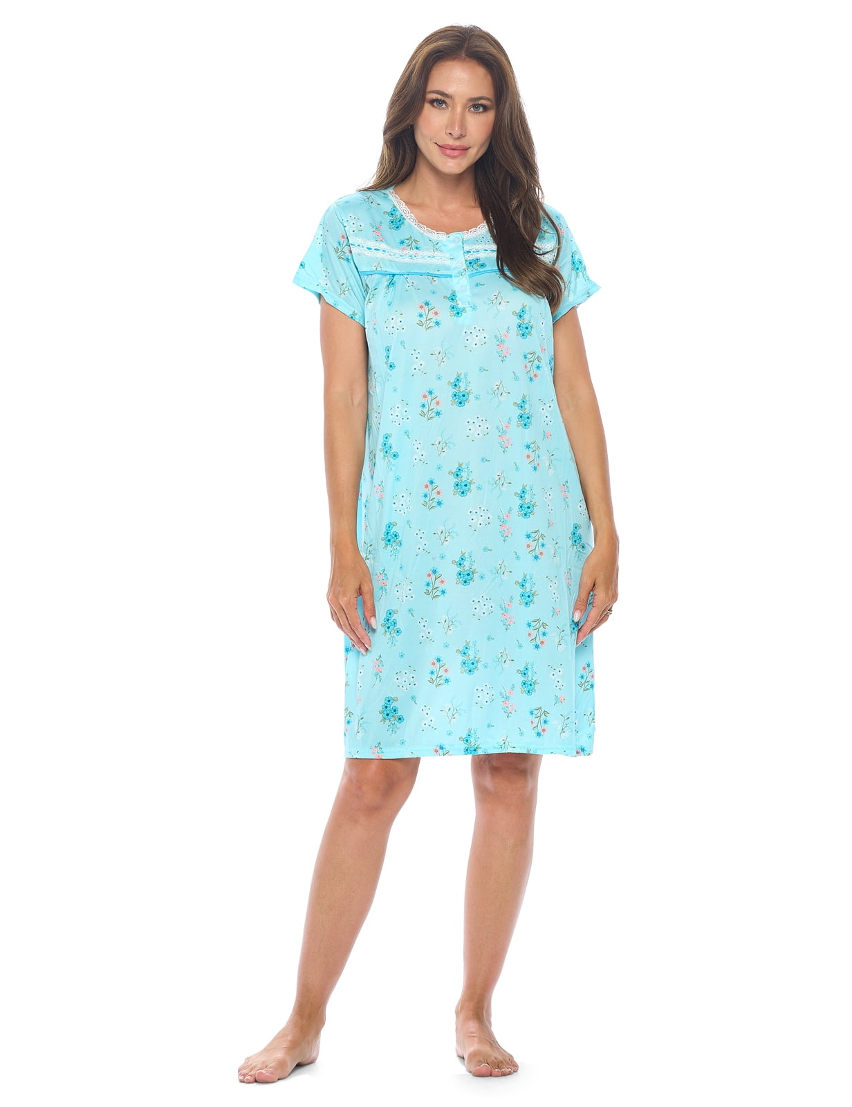Casual Nights Women's Short Sleeve Nightgown, Lace V-Neck, Floral Print ...