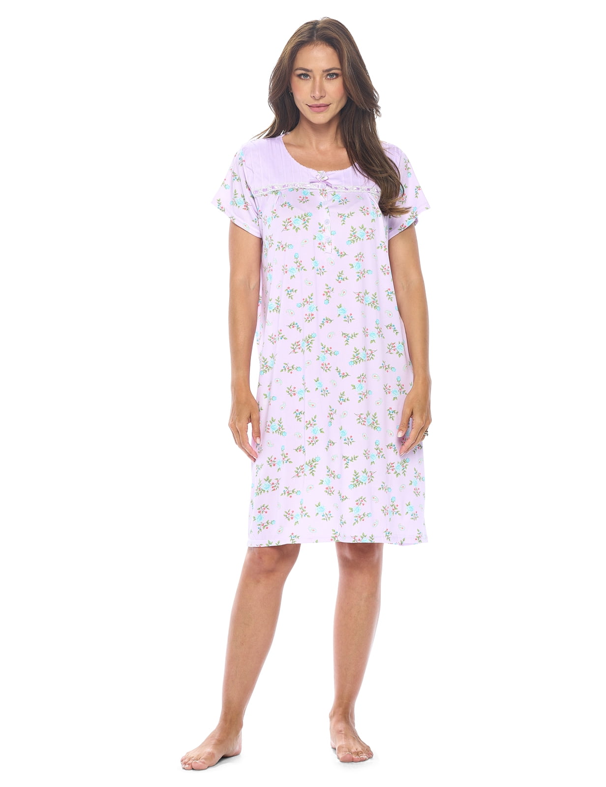 Casual Nights Women's Short Sleeve Nightgown Lace V-Neck Sleepshirt ...