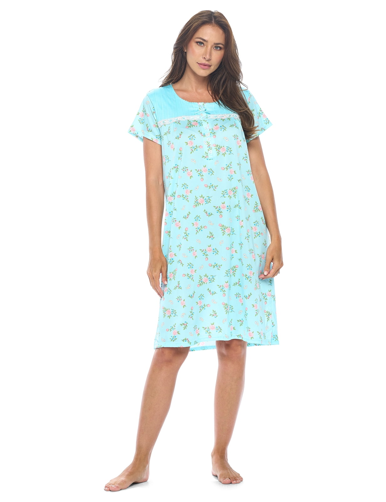 Casual Nights Women's Short Sleeve Nightgown, Lace V-Neck Sleepshirt ...