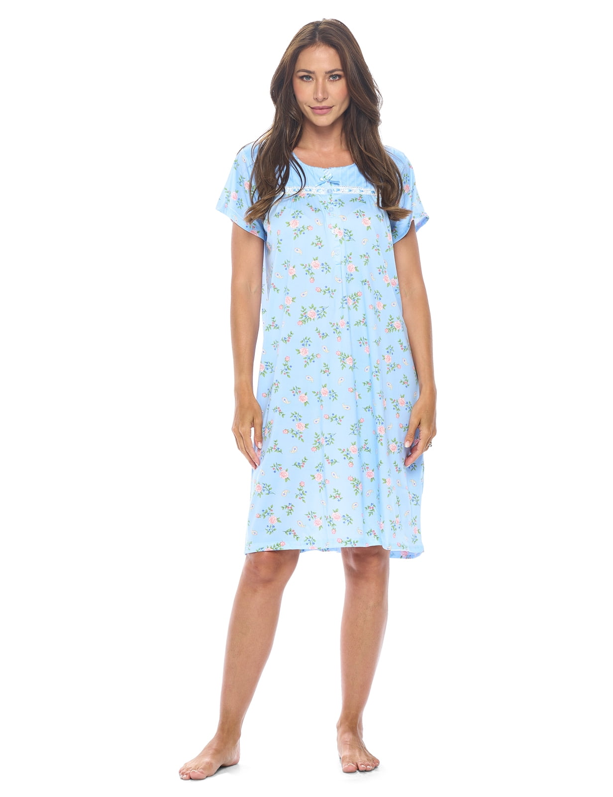 Casual Nights Women's Short Sleeve Nightgown Lace V-Neck Sleepshirt ...