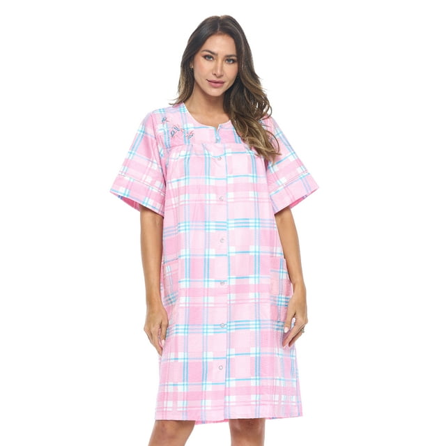 Casual Nights Women's Snap Front House Dress Short Sleeve Woven Duster ...
