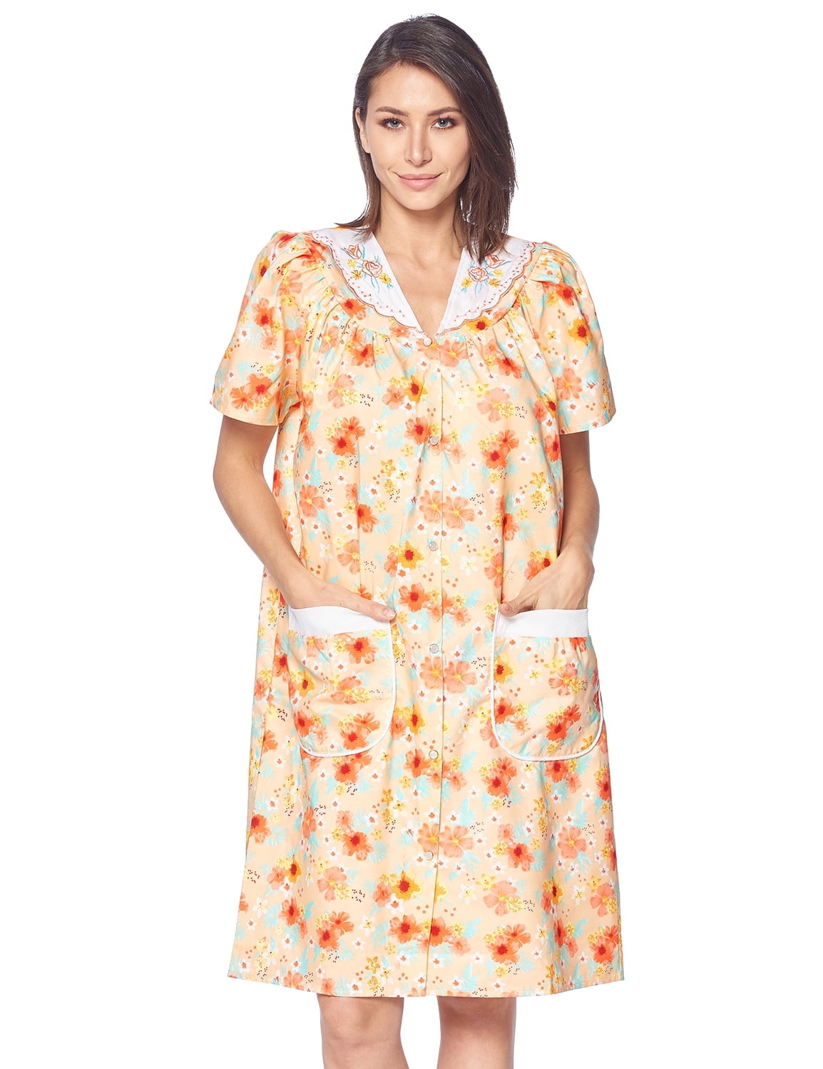 Casual Nights Women's Snap Front House Dress Short Sleeve Woven Duster ...