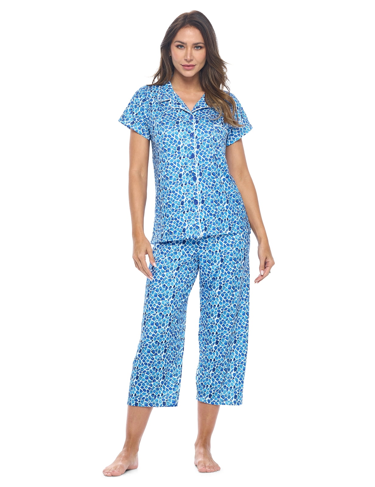 Casual Nights Plus Size Women's Soft Capri Pajama Set, Short Sleeve Button Down Shirt - Walmart.com