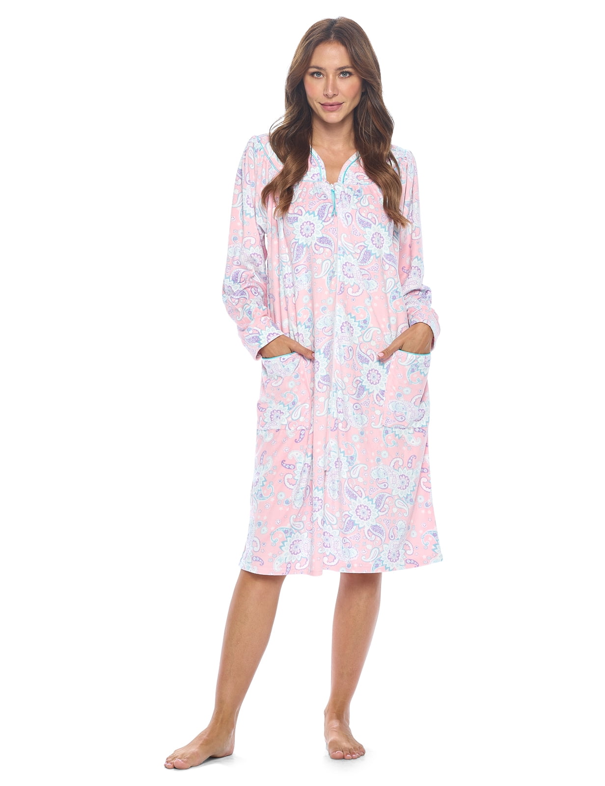 Casual Nights Women's Velour Zip Up Robe, Cozy Housecoat Lounger Dress ...