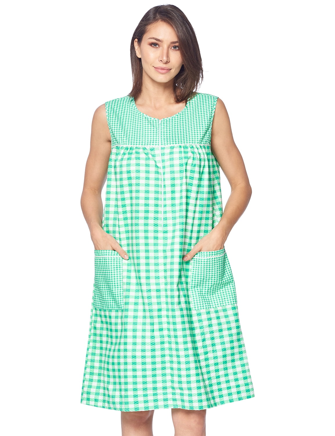 Casual Nights Women's Zipper Front House Dress Sleeveless Seersucker ...