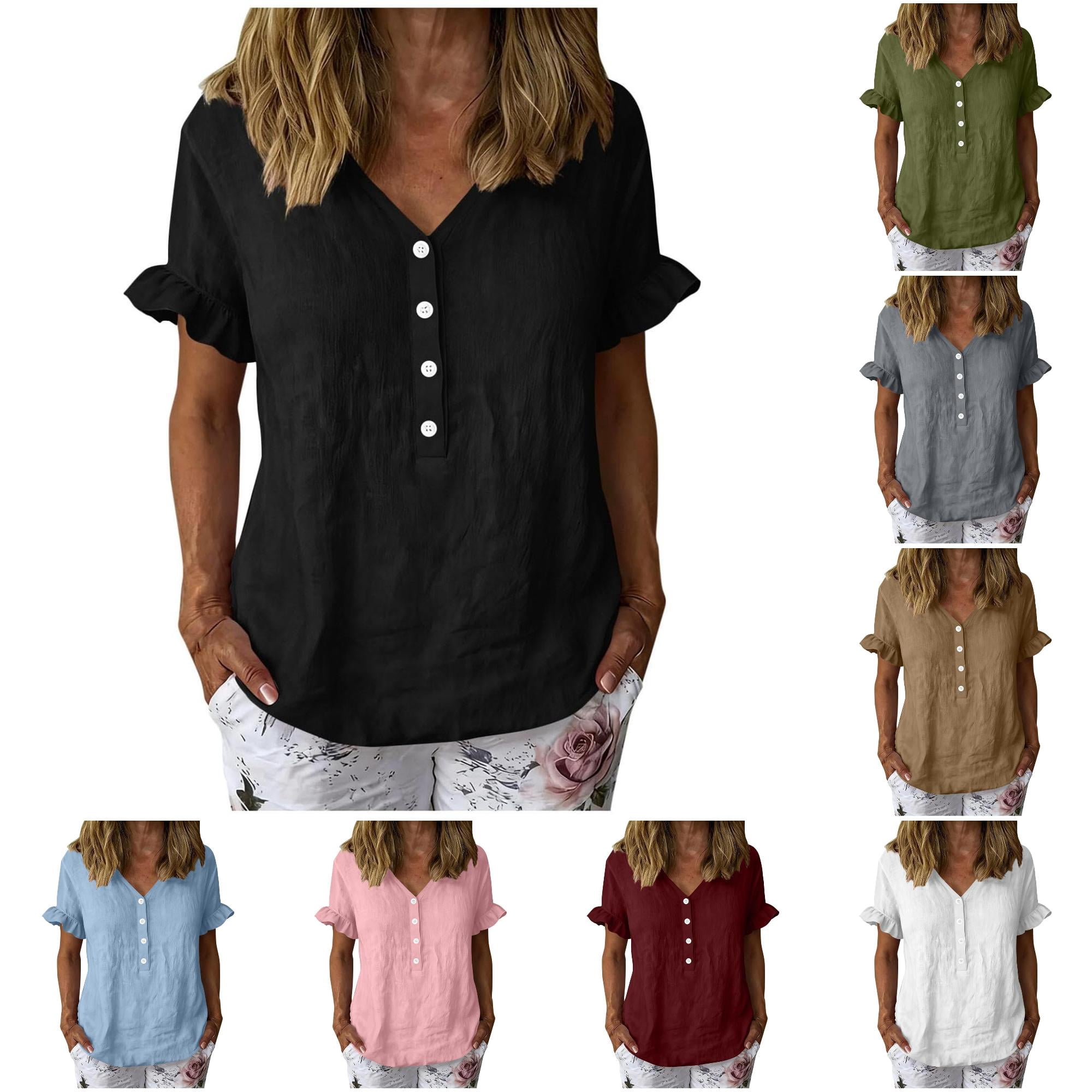 Casual Notch Neck Button Detail Petal Sleeve Blouse for Everyday ...
