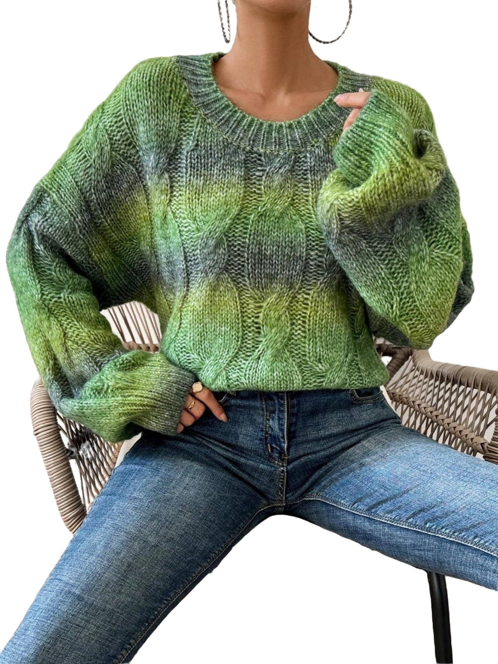 Casual Ombre Round Neck Pullovers Long Sleeve Multicolor Women Sweaters ...