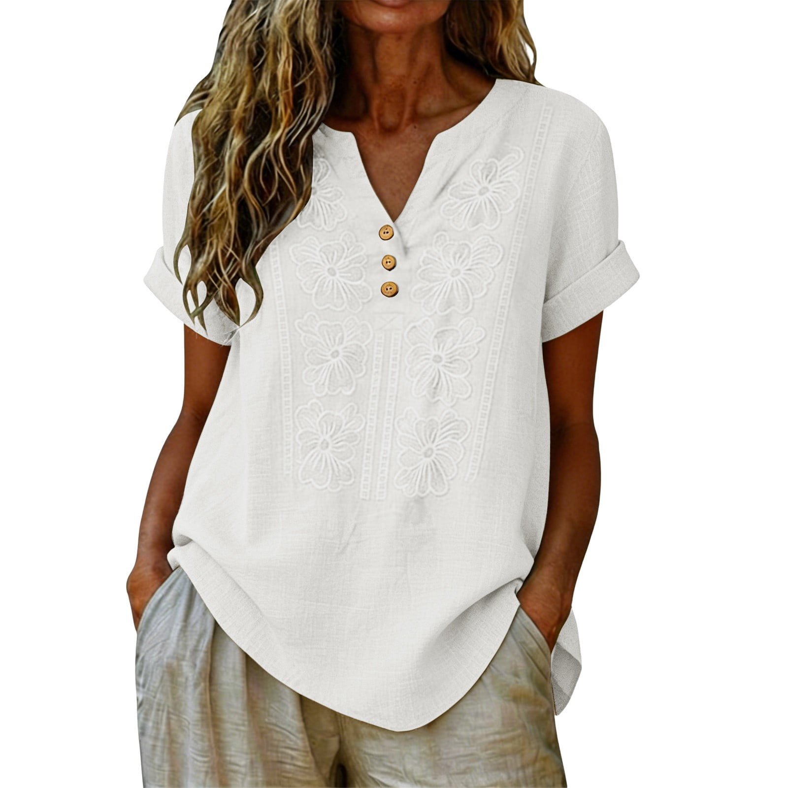 Casual Outfits for Women Neck Blouse Short Sleeve Embroidered Top With ...