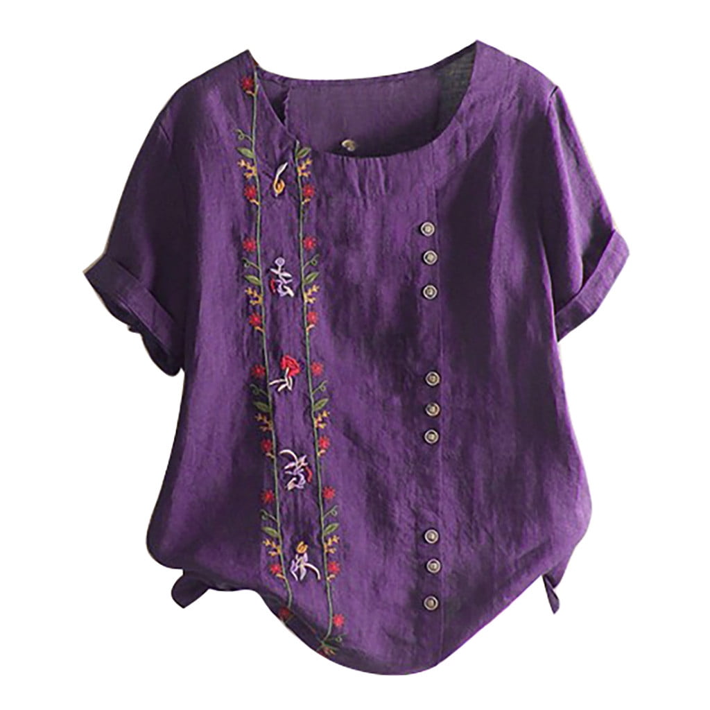 Casual Outfits for Women Plus Size Bohemian Floral Embroidered Shirt ...