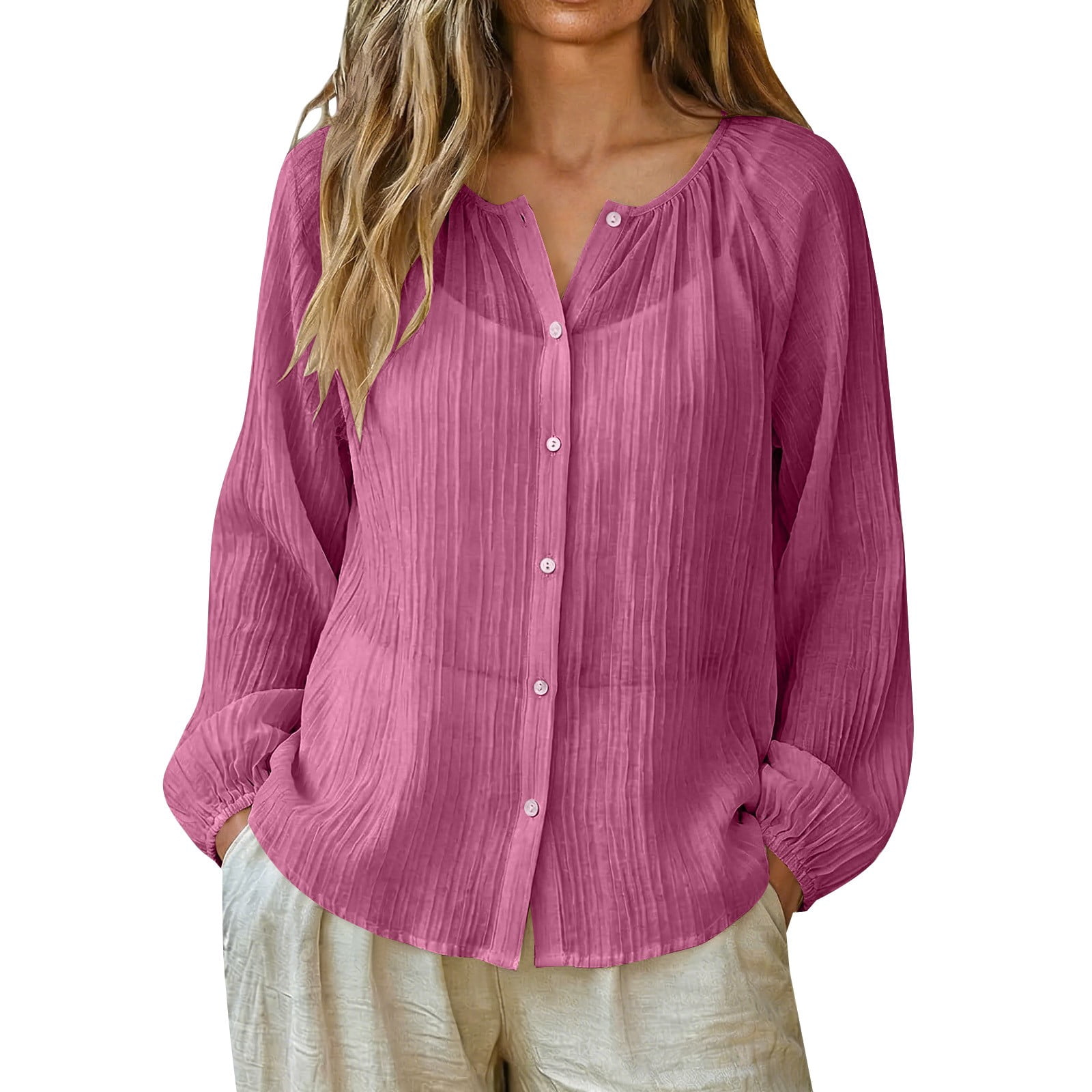 Casual Outfits for Women Solid Color Thin Balloon Sleeve Retro Vacation ...