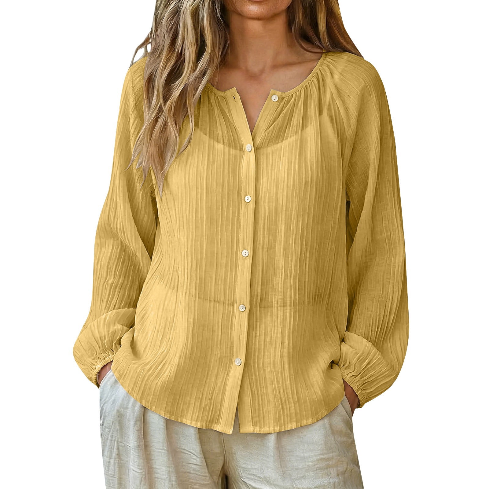 Casual Outfits for Women Solid Color Thin Balloon Sleeve Retro Vacation ...