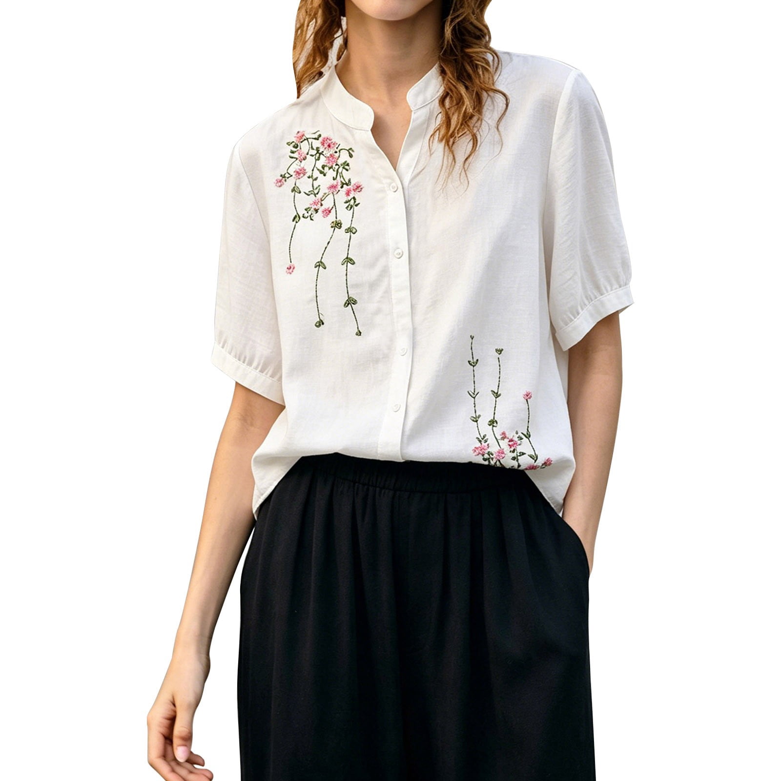 Casual Outfits for Women Solid Color V Neck Embroidered Casual Shirt ...