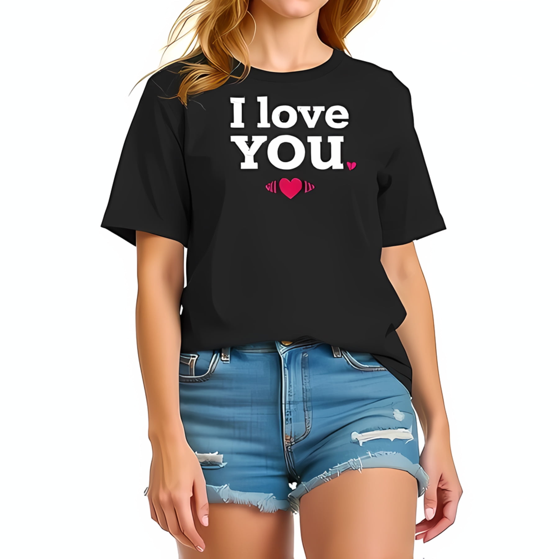 Casual Oversized Black Cotton T-Shirt with 'I Love You' Graphic & Pink ...