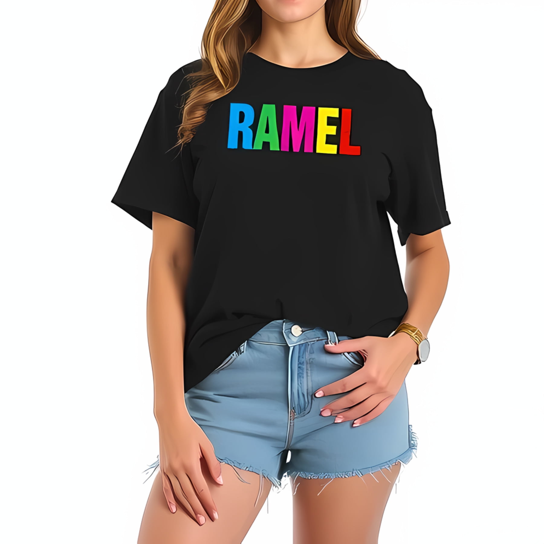 Casual Oversized Black Cotton T-Shirt with Vibrant Rainbow 'RAMEL ...