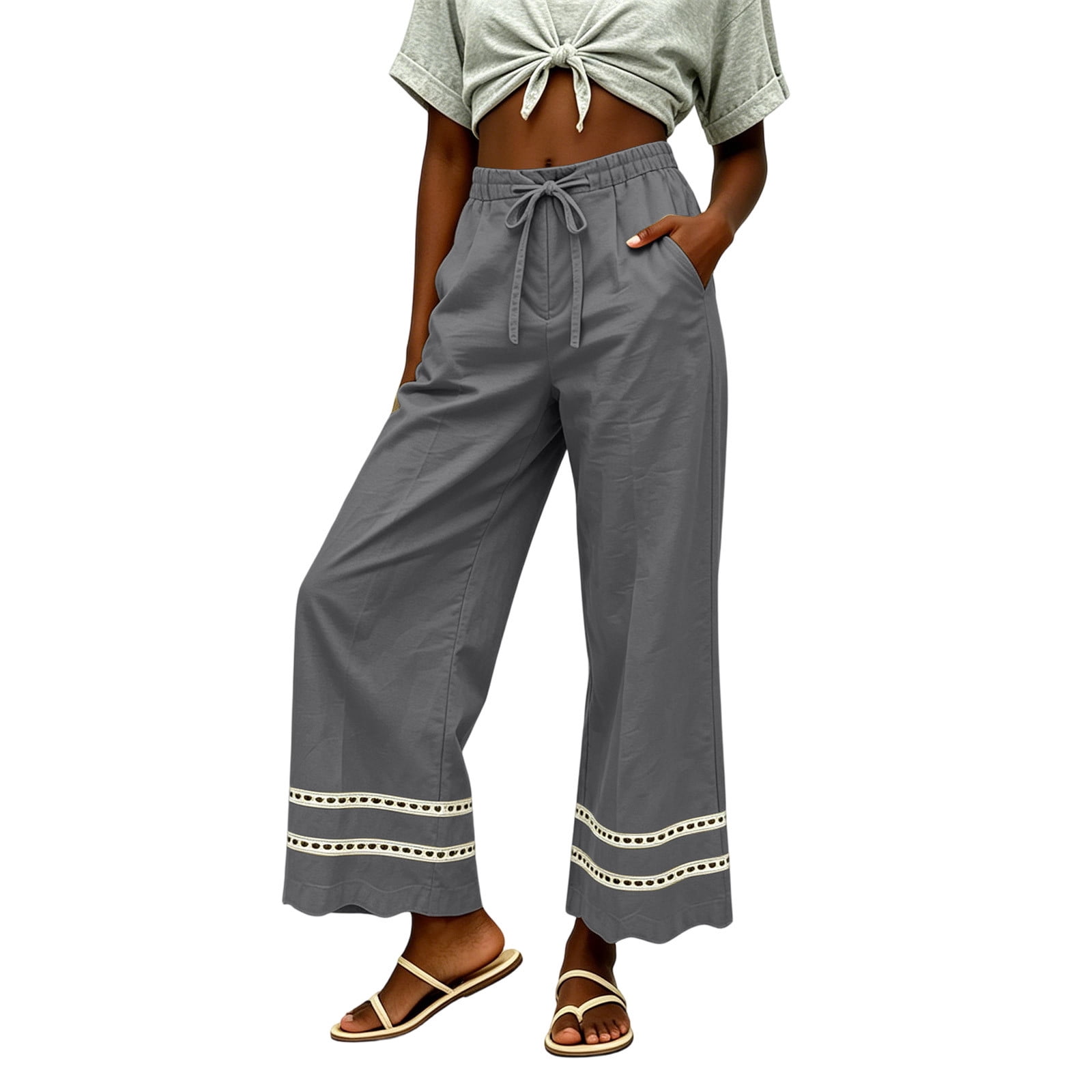 Casual Pants with Elastic Waistband, Double Layer Lace Hem Long ...