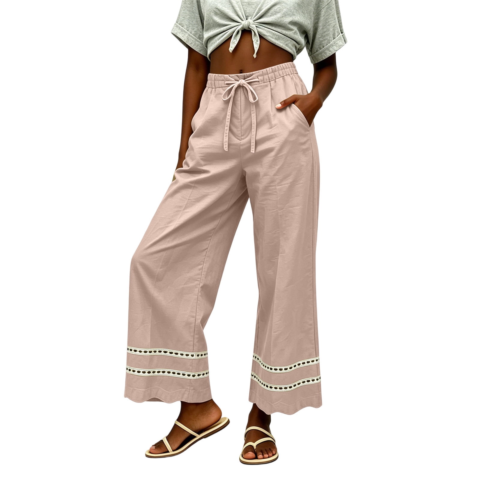 Casual Pants with Elastic Waistband, Double Layer Lace Hem Long ...