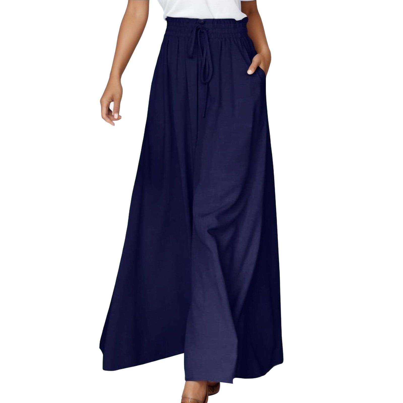 Casual Pants For Women Solid Color Wide Leg Drawstring Waist Flowy ...