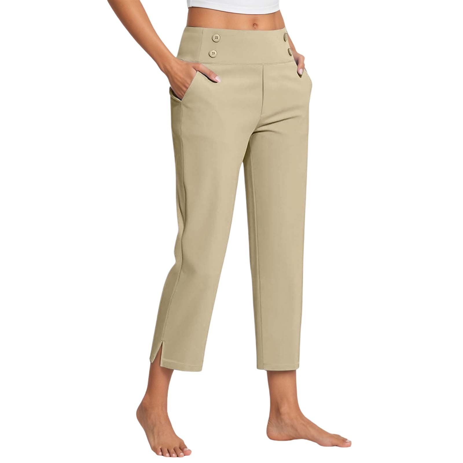 Casual Pants for Women Button Elastic Waist Stretchy Yoga Capri Pants ...