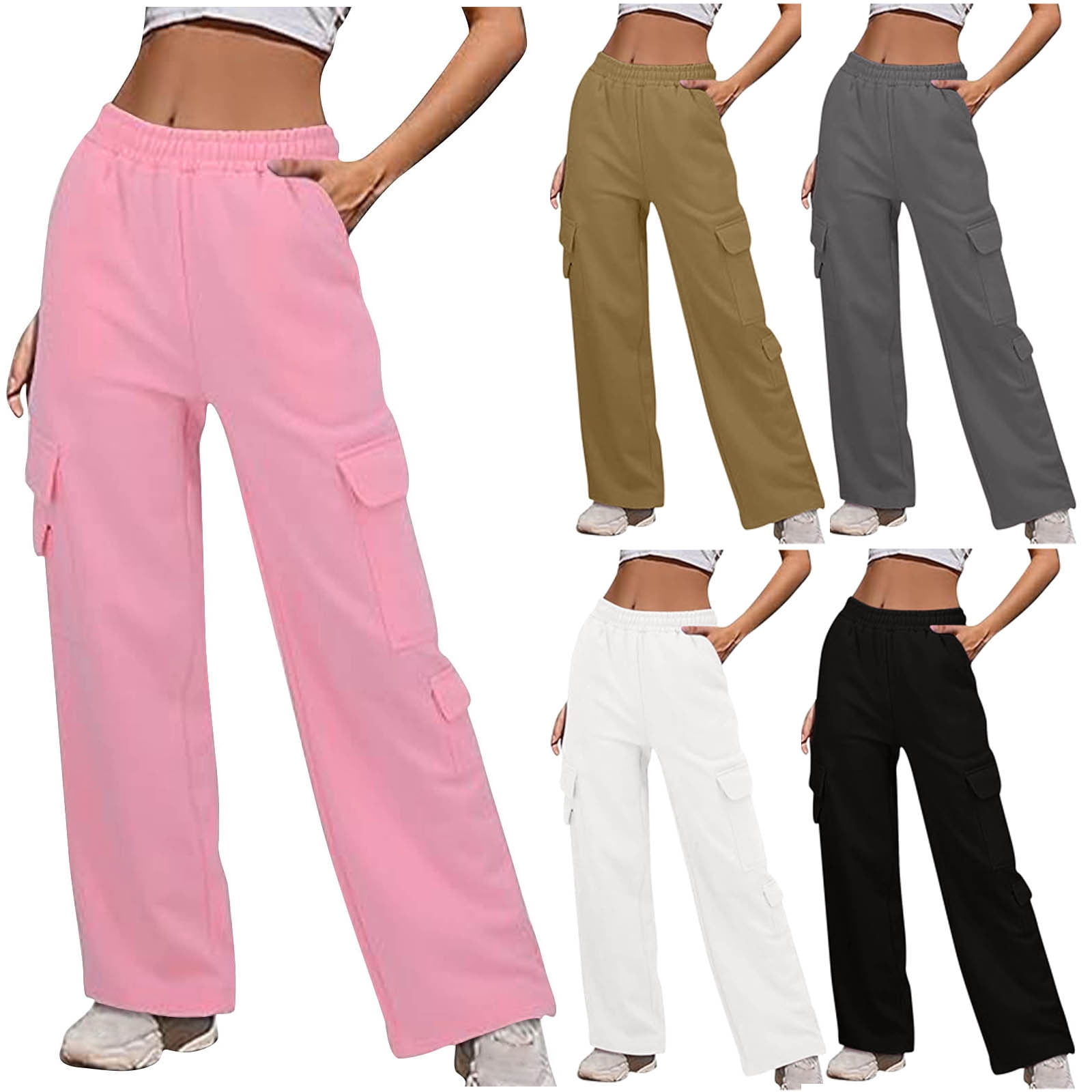 Casual Pants for Women with Pockets, Elastic Waist Trousers, Solid ...