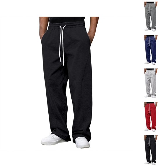 Casual Pants for Men Solid Color Elastic Waist Drawstring Straight Wide ...