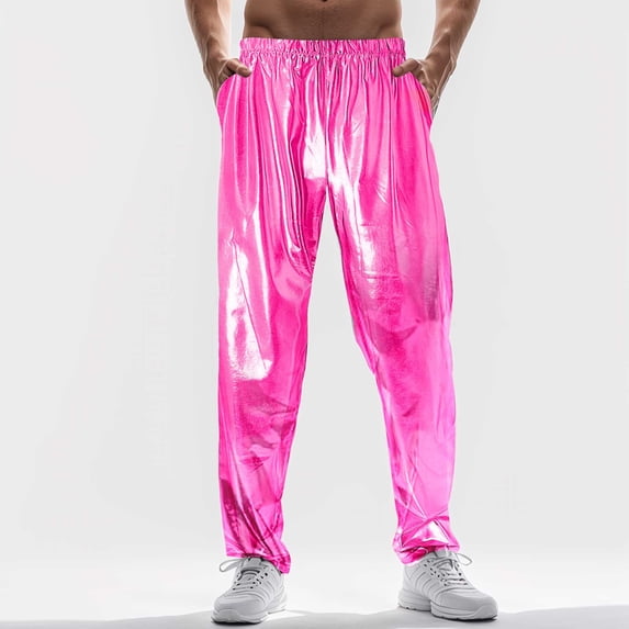 Casual Pants for Men Solid Color Shiny Metallic Loose Fit Pants Disco ...