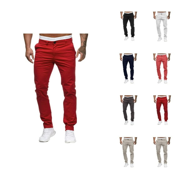 Casual Pants for Men Solid Color Slim Fit Mid Waist Full Length Cotton ...