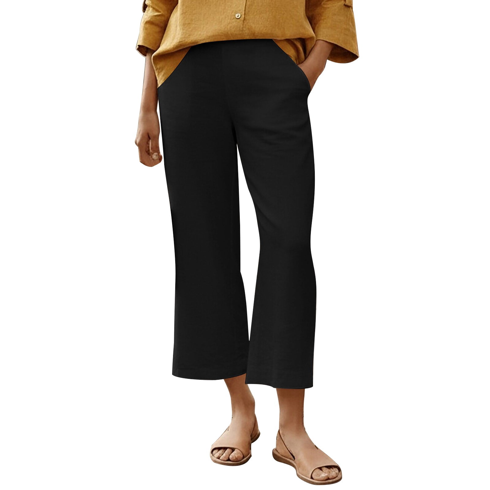 Casual Pants for Women Cotton Linen Elastic Waist Wide Leg Fashion ...
