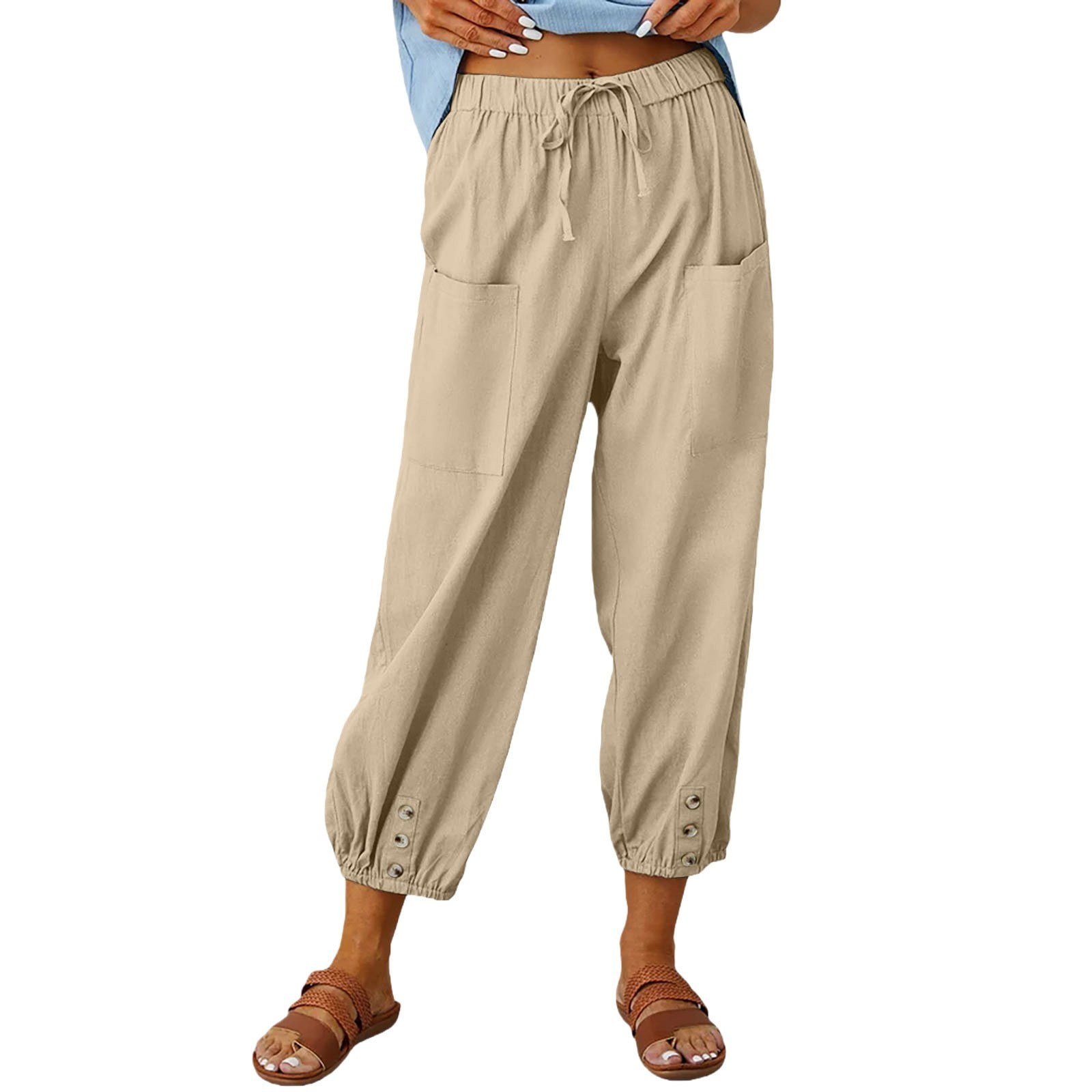 Casual Pants for Women Cotton Linen High Waist Slit Capri Pocketed ...